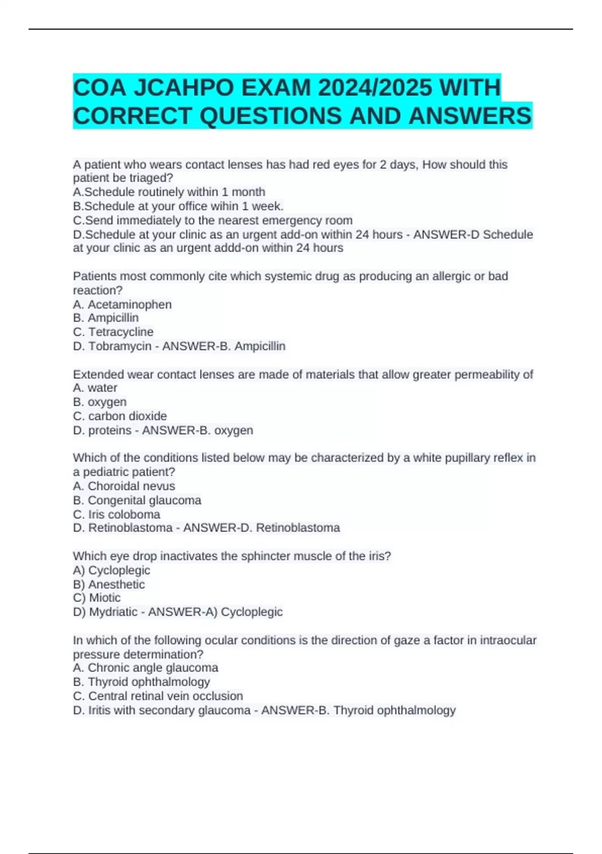 COA JCAHPO EXAM 2024/2025 WITH CORRECT QUESTIONS AND ANSWERS - COA JCAHPO - Stuvia US