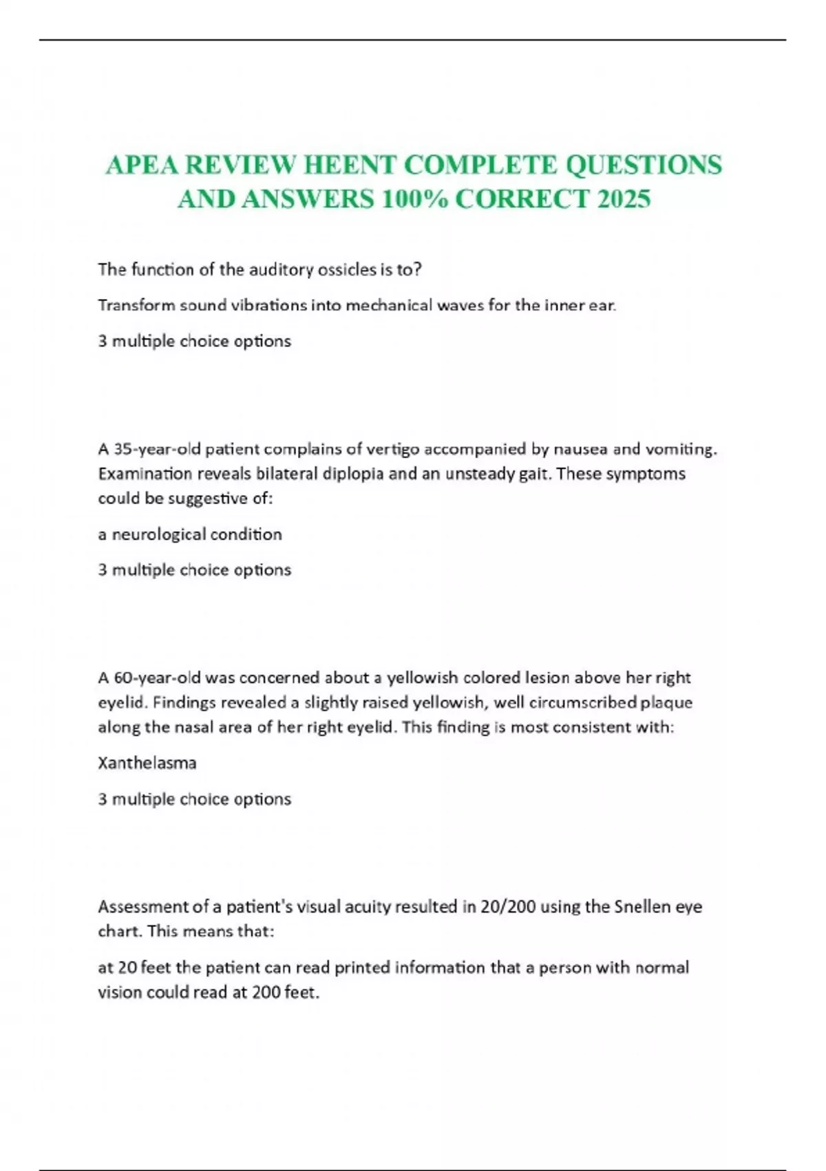 APEA REVIEW HEENT COMPLETE QUESTIONS AND ANSWERS 100% CORRECT 2025 ...