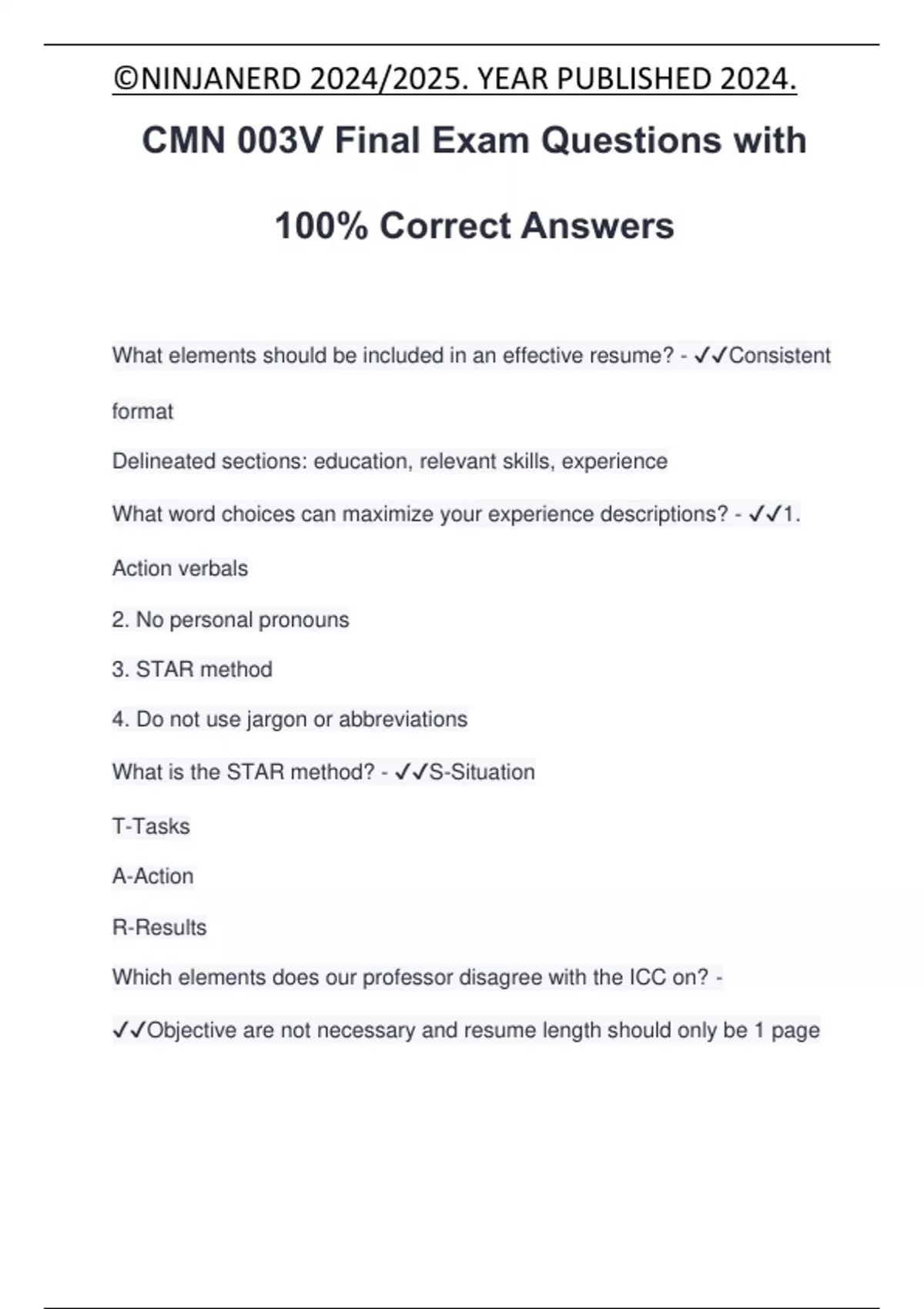 CMN 003V Final Exam Questions with 100% Correct Answers - CMN - Stuvia US