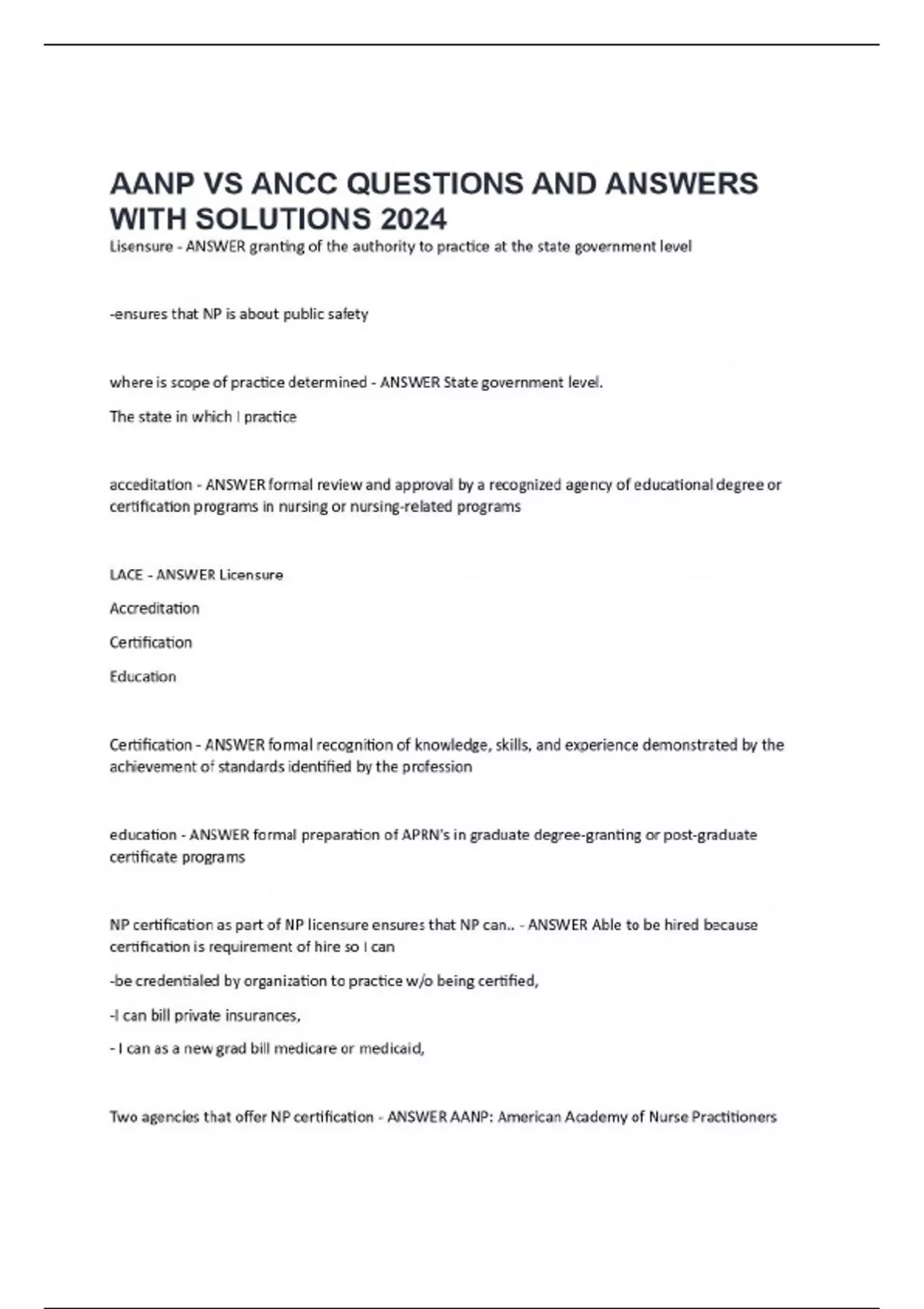 AANP VS ANCC QUESTIONS AND ANSWERS WITH SOLUTIONS 2024 - FNP - Stuvia US