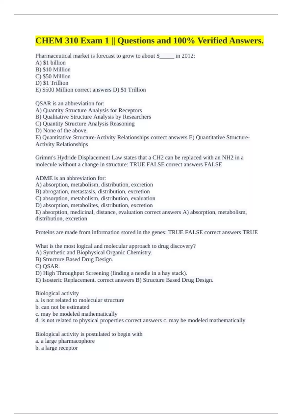 CHEM 310 Exam 1 || Questions and 100% Verified Answers. - CHEM 310 ...