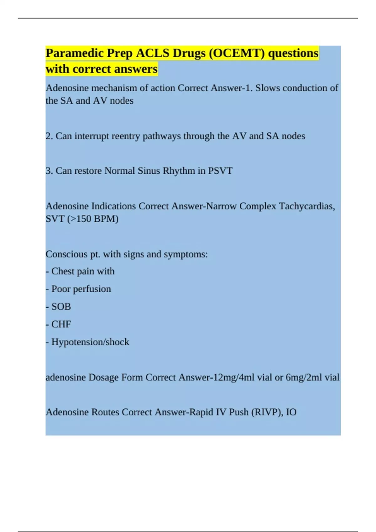 Paramedic Prep ACLS Drugs (OCEMT) questions with correct answers ...