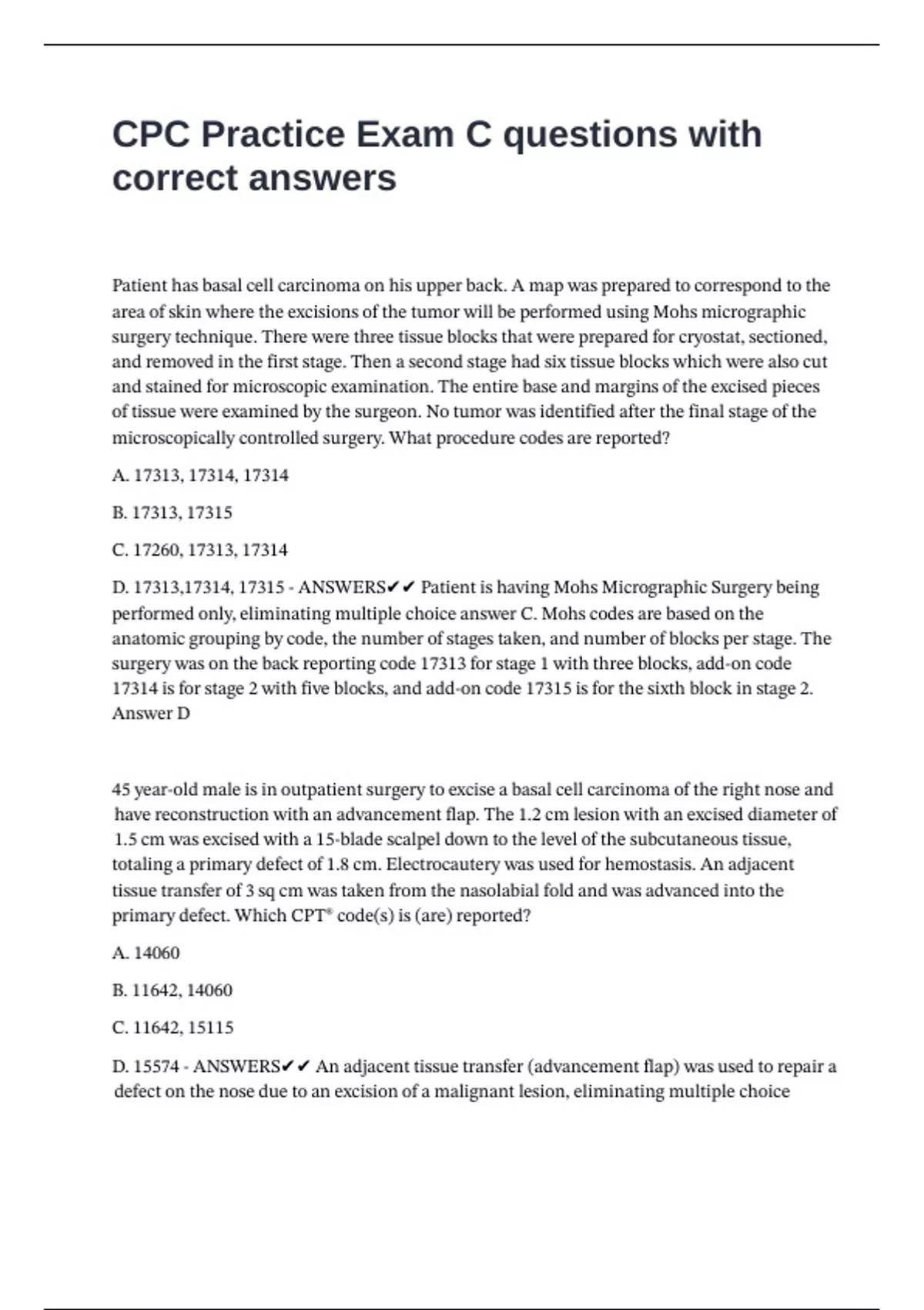 CPC Practice Exam C questions with correct answers - CPCS 1500 - Stuvia US