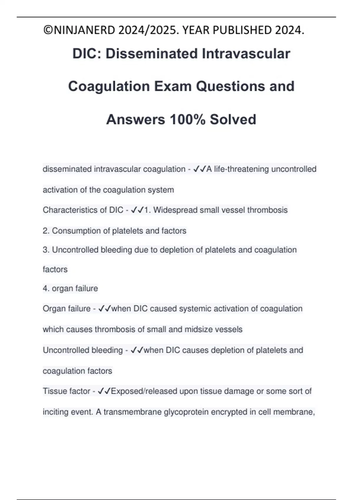 DIC: Disseminated Intravascular Coagulation Exam Questions and Answers ...