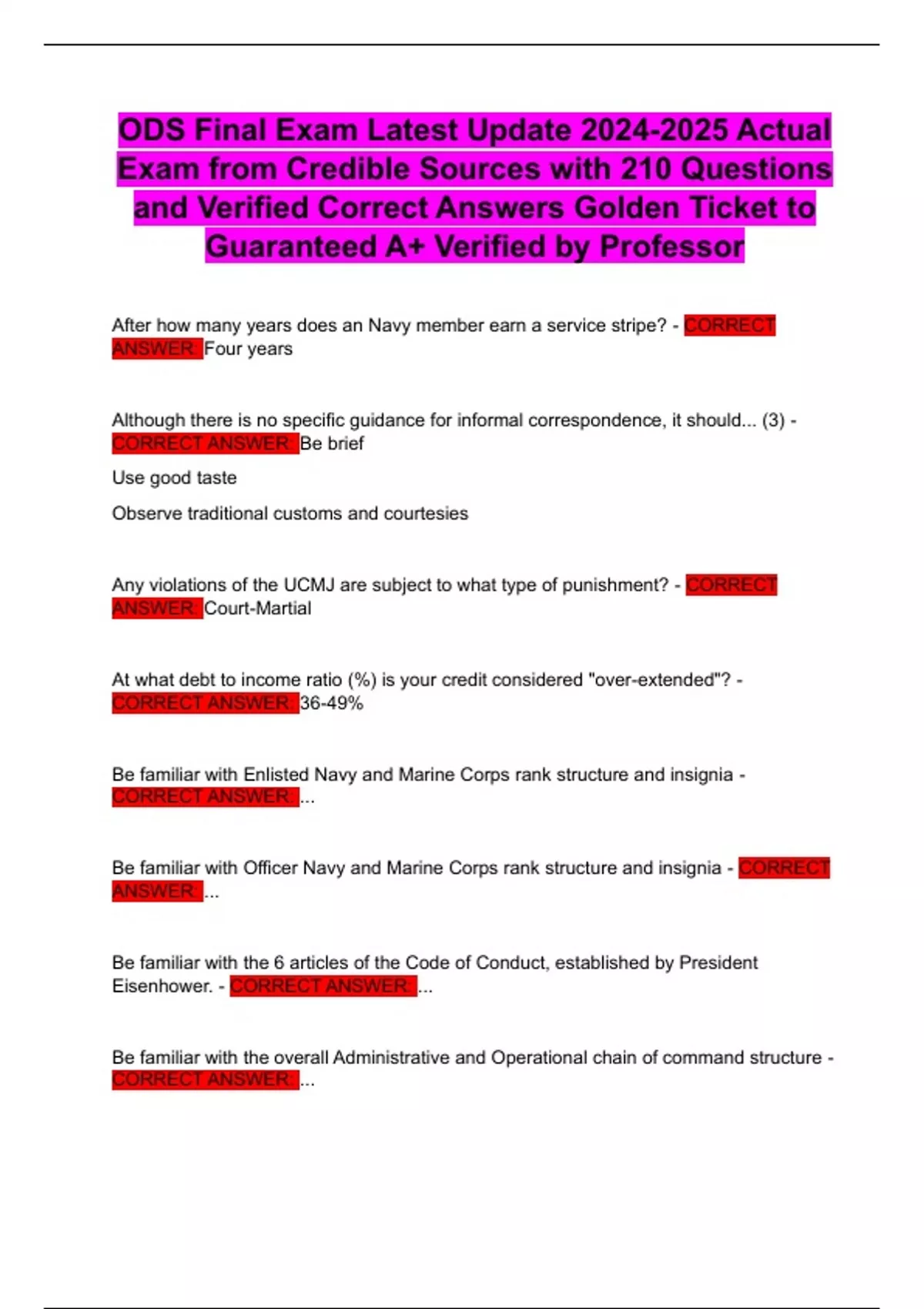 ODS Final Exam Latest Update Actual Exam & ODS FINAL EXAM REVIEW Latest ...