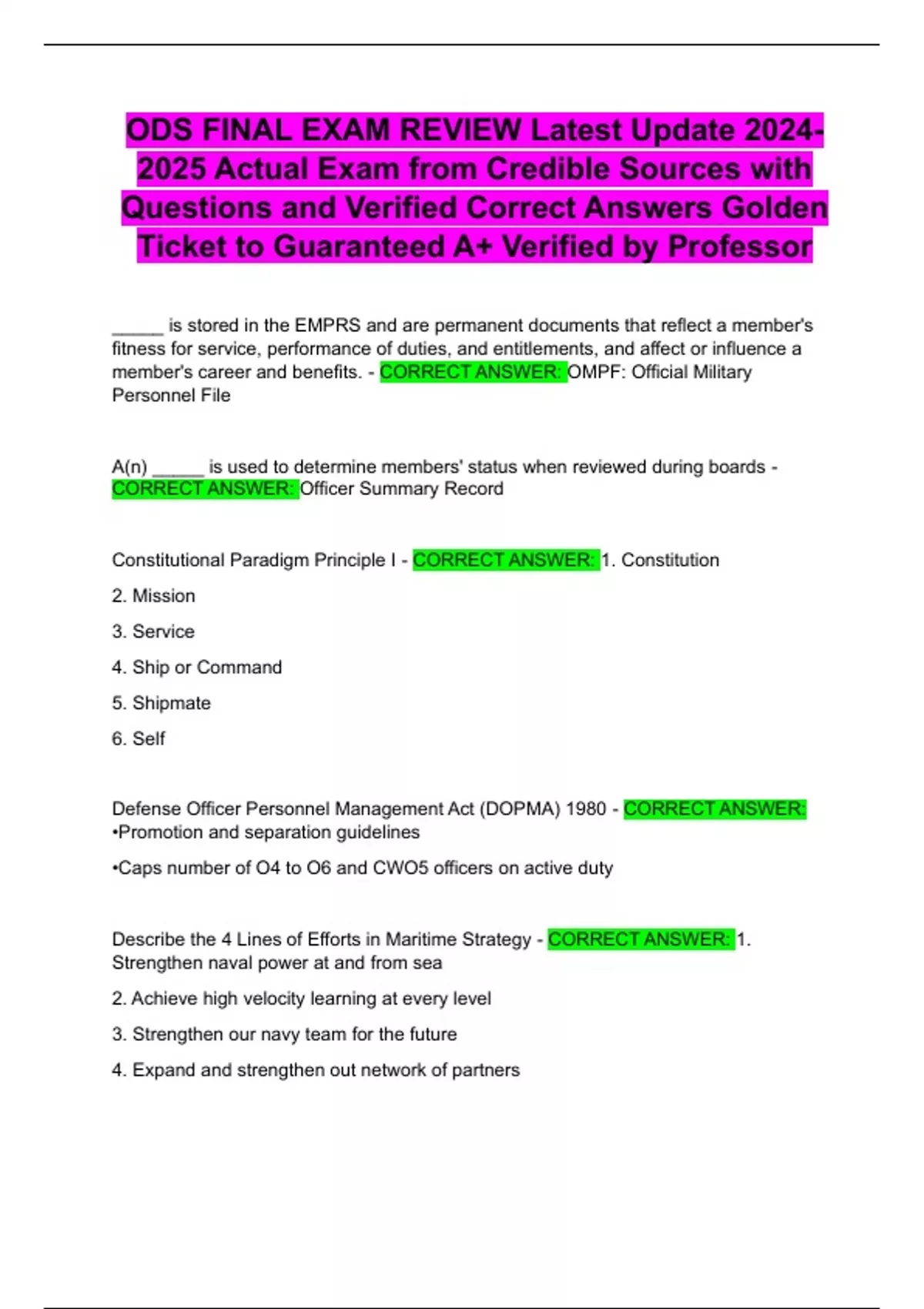 ODS FINAL EXAM REVIEW Latest Update Actual Exam from Credible Sources ...