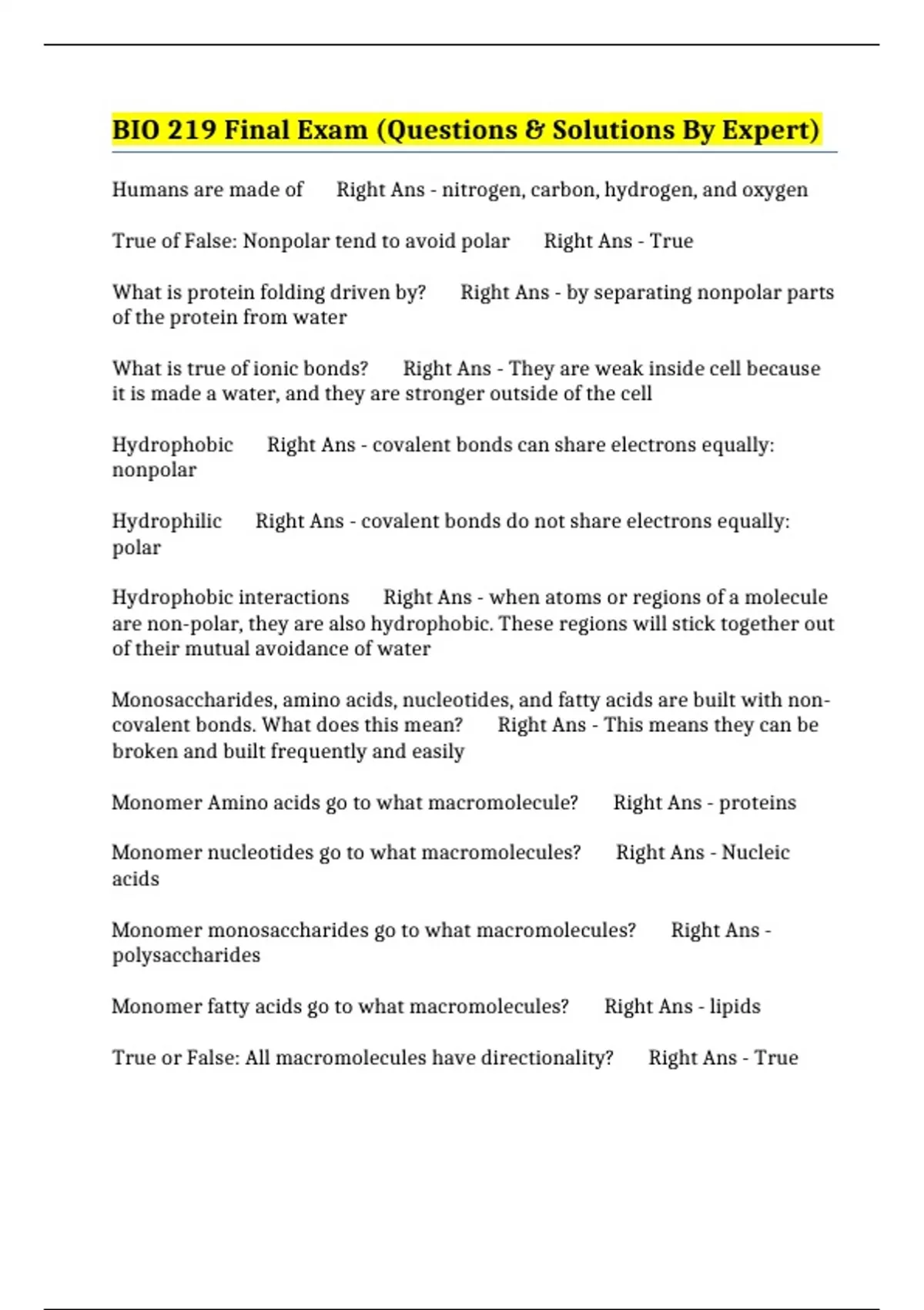 BIO 219 Final Exam (Questions & Solutions By Expert) - BIO 219 - Stuvia US