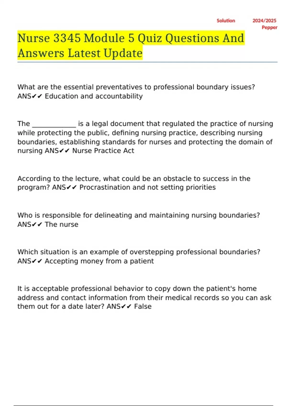 Nurse 3345 Module 5 Quiz Questions And Answers Latest Update - NURS ...