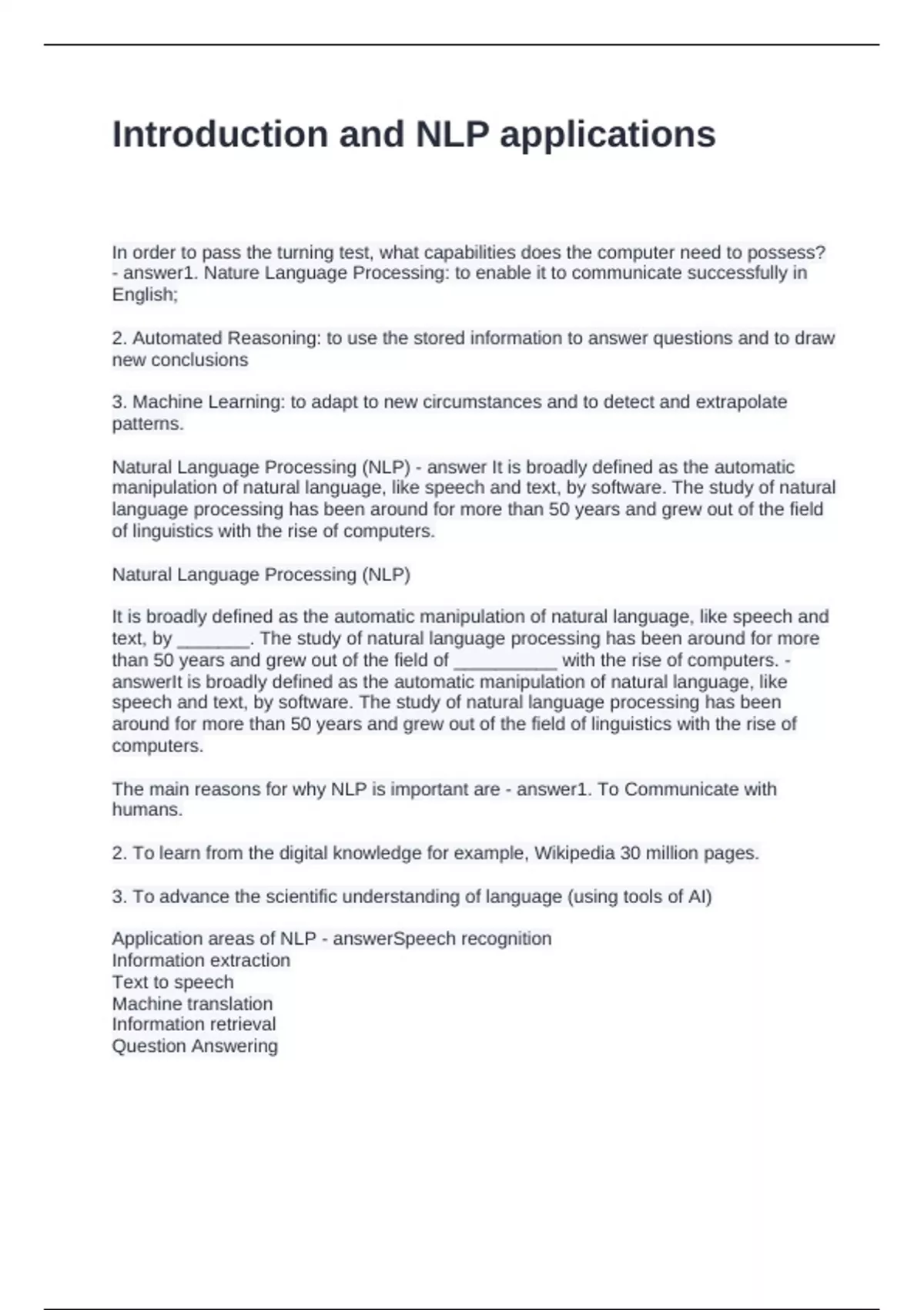 Introduction and NLP applications Questions and Answers - NLP - Stuvia US