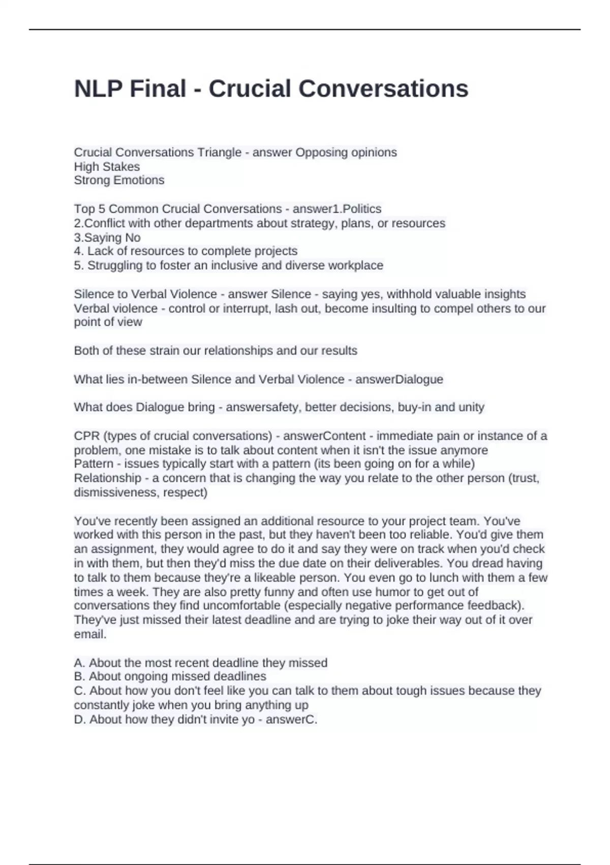 NLP Final - Crucial Conversations Questions with Solutions 2024 - NLP - Stuvia US