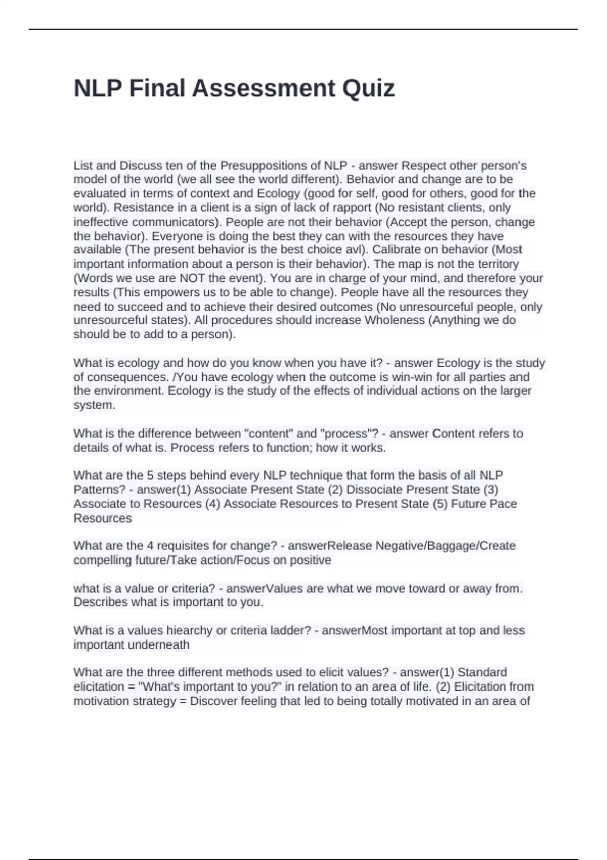 NLP Final Assessment Quiz Questions with Solutions 204 - NLP - Stuvia US