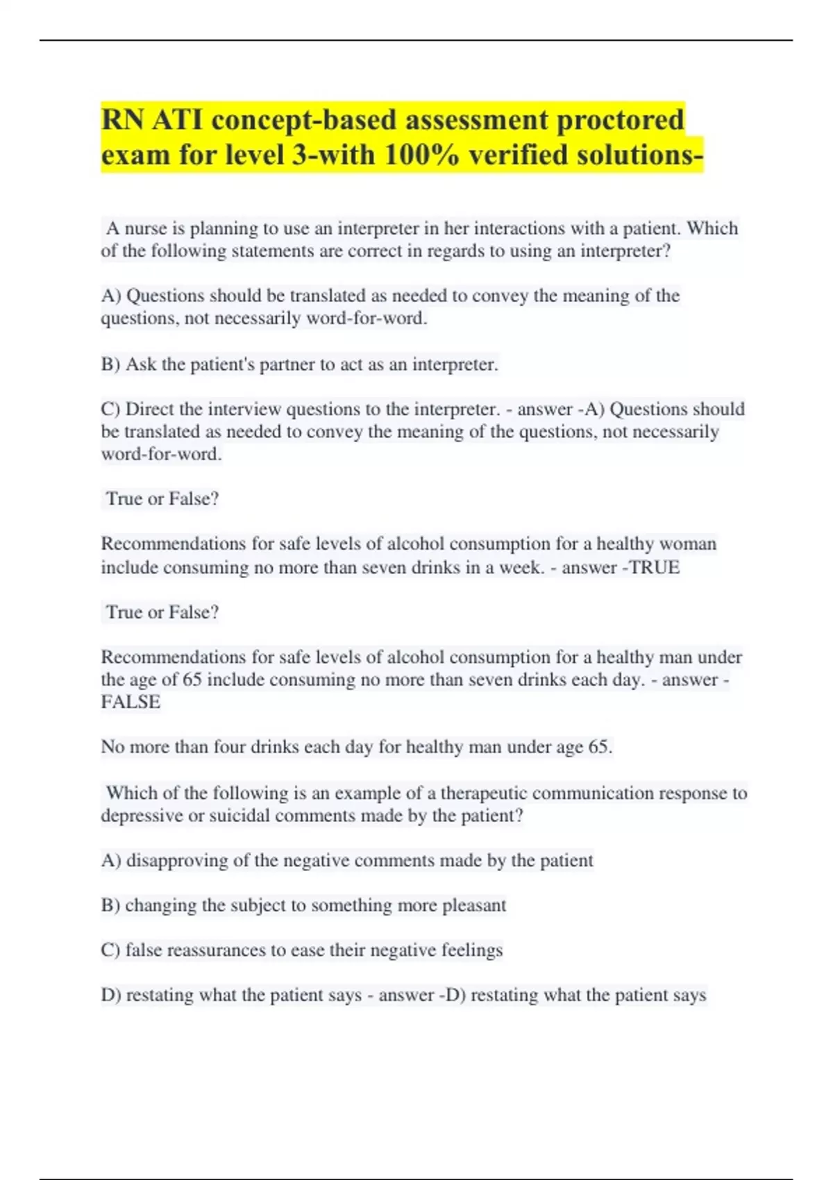 RN ATI concept-based assessment proctored exam for level 3-with 100% ...