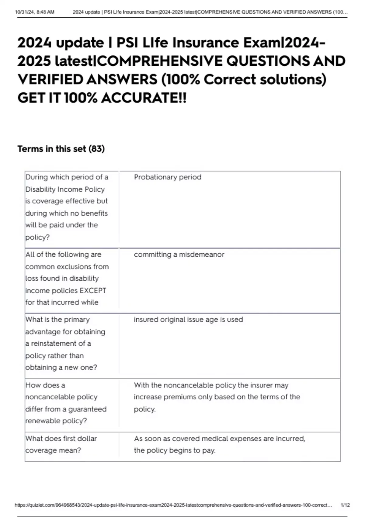 2024 update | PSI LIfe Insurance Exam| latest|COMPREHENSIVE QUESTIONS ...
