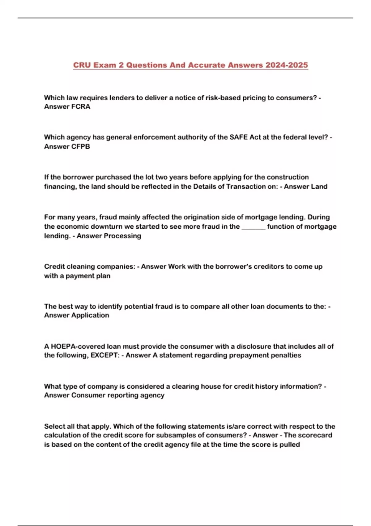 CRU Exam 2 Questions And Accurate Answers - CRU - Stuvia US