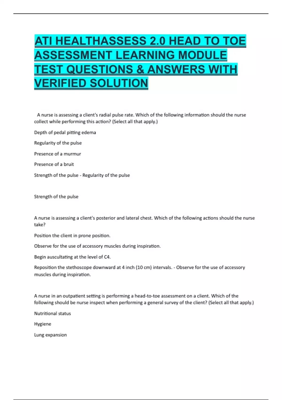 ATI HealthAssess 2.0 Head to toe assessment Learning Module Test - ATI ...
