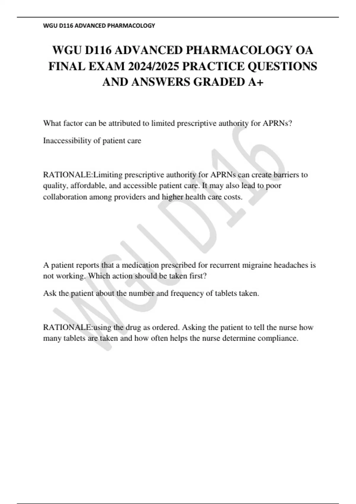 WGU D116 ADVANCED PHARMACOLOGY OA FINAL EXAM 2024/2025 PRACTICE ...
