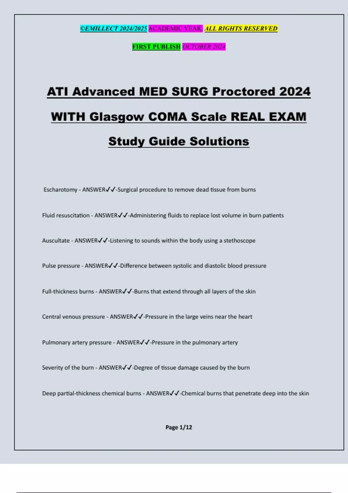 ATI Advanced MED SURG Proctored 2024 WITH Glasgow COMA Scale REAL EXAM ...