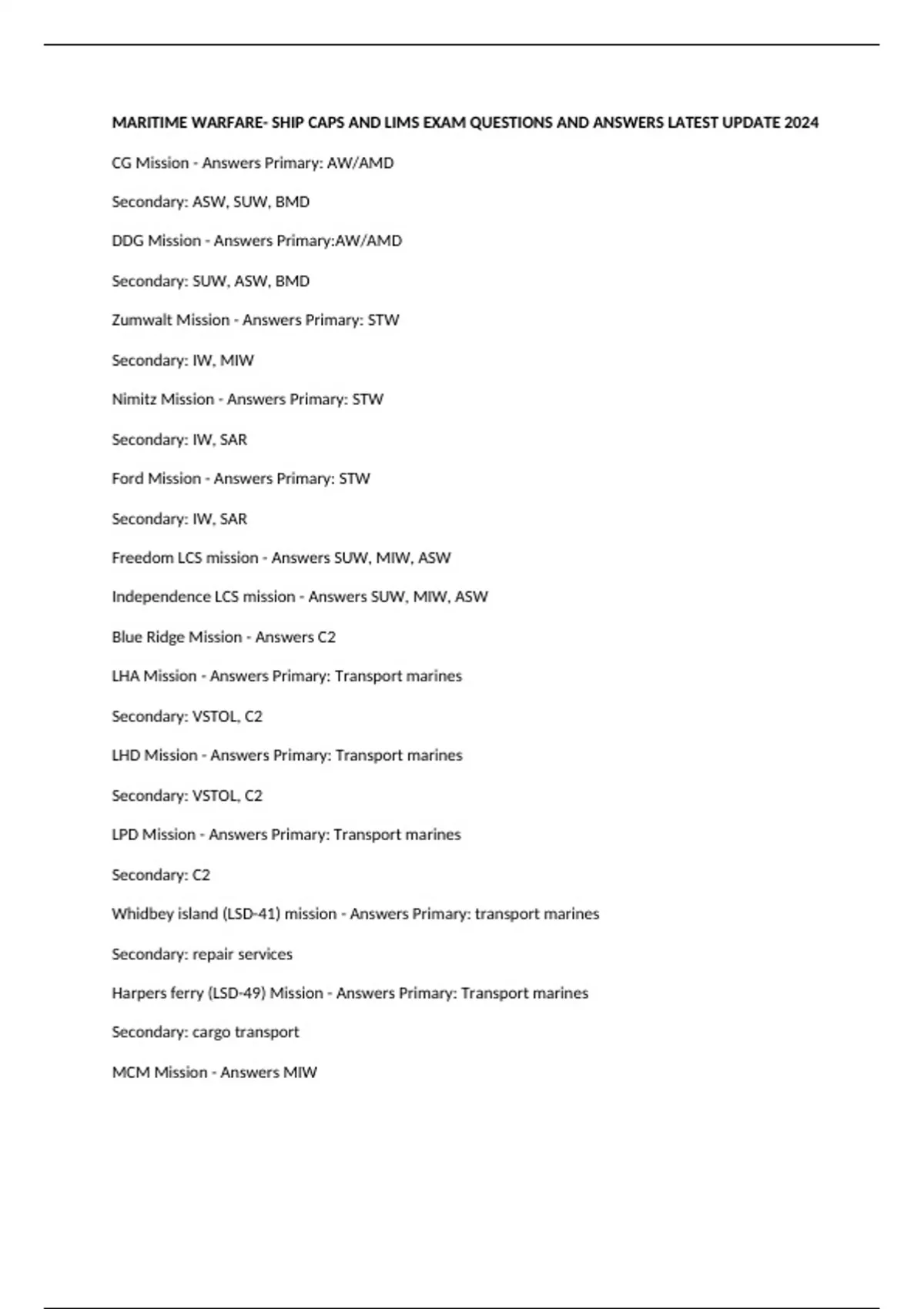 MARITIME WARFARE- SHIP CAPS AND LIMS EXAM QUESTIONS AND ANSWERS LATEST ...