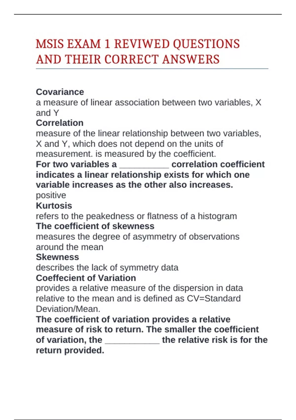 MSIS EXAM 1 REVIWED QUESTIONS AND THEIR CORRECT ANSWERS - MSIS 3223 ...