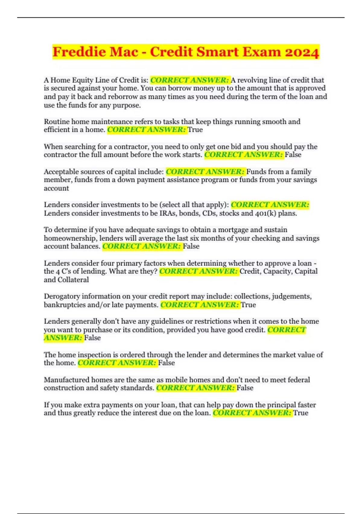 Freddie Mac - Credit Smart Exam 2024 - Freddie Mac - Credit Smart ...