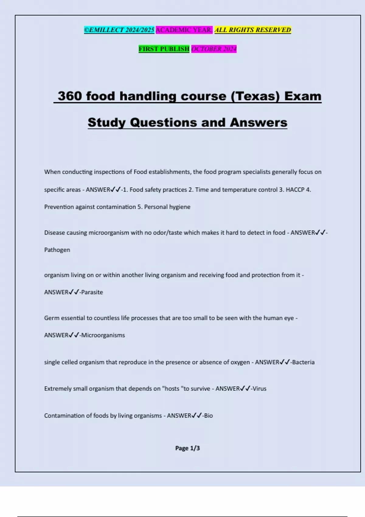 360 food handling course (Texas) Exam Study Questions and Answers ...