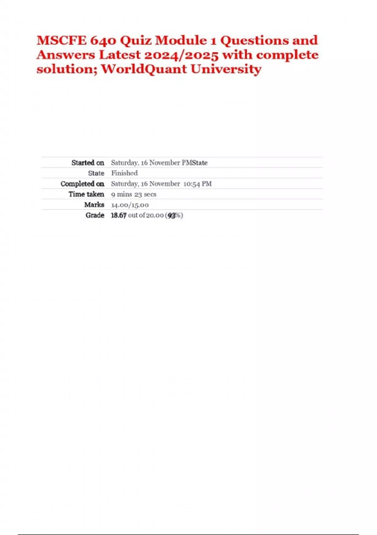 MSCFE 640 Quiz Module 1 Questions and Answers Latest 2024/2025 with ...