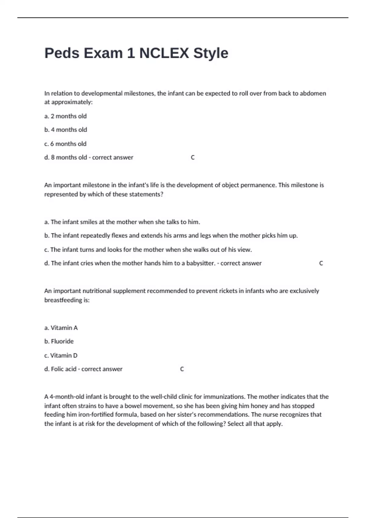 Peds Exam 1 NCLEX Style Complete Questions With Correct Detailed ...