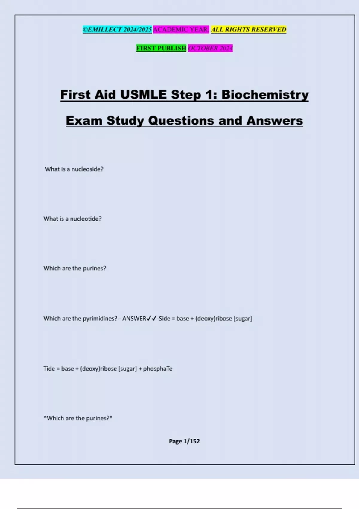 First Aid USMLE Step 1: Biochemistry Exam Study Questions and Answers ...