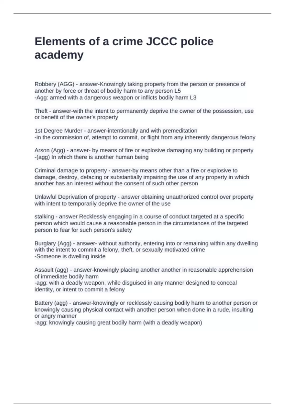 Elements of a crime JCCC police academy Questions and Answers 2024 ...