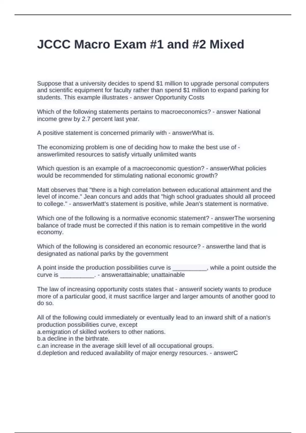 JCCC Macro Exam -1 and -2 Mixed Questions and Answers 2024 - JCCC - Stuvia US