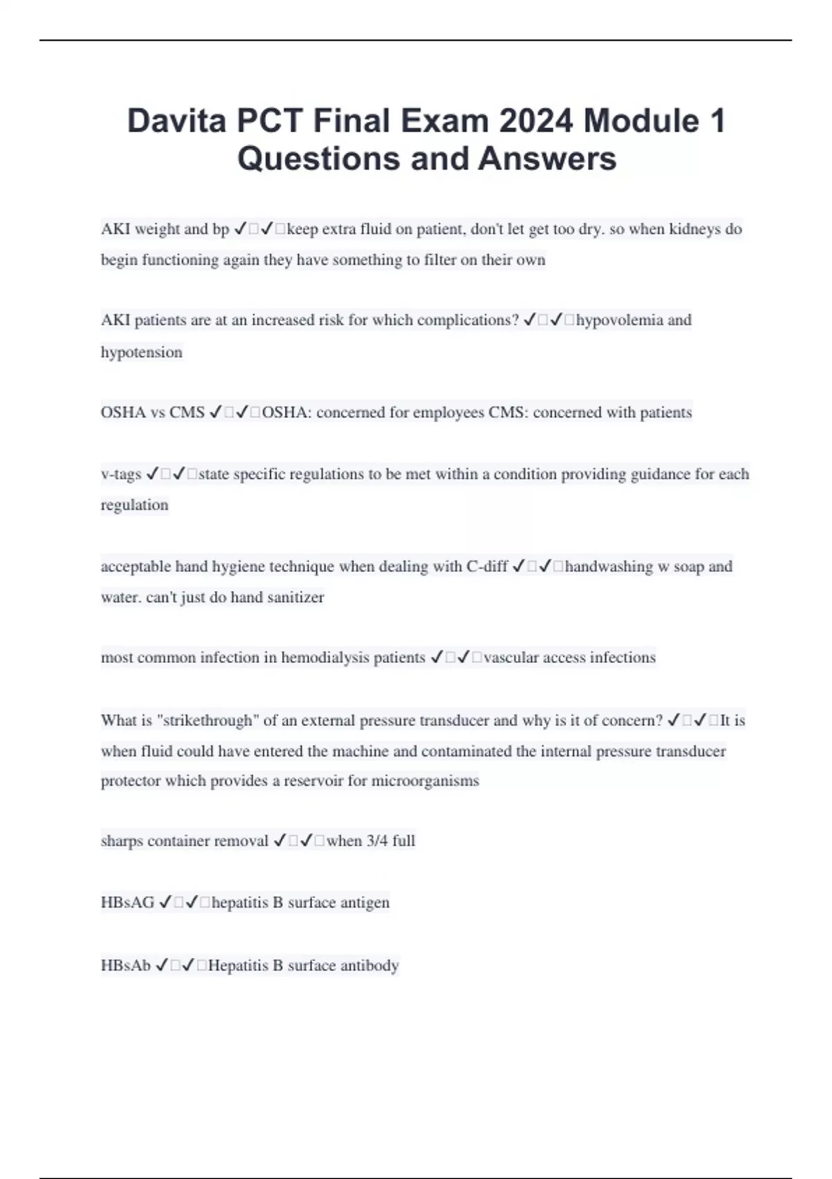Davita PCT Final Exam 2024 Module 1 Questions and Answers - Davita pct ...