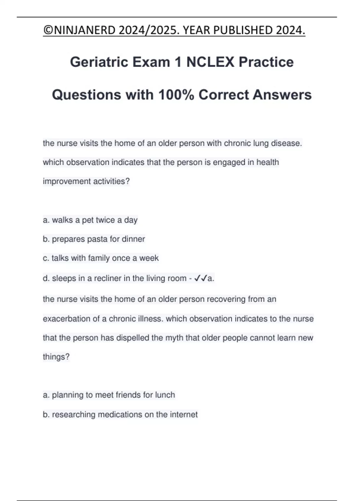 Geriatric Exam 1 NCLEX Practice Questions with 100% Correct Answers ...
