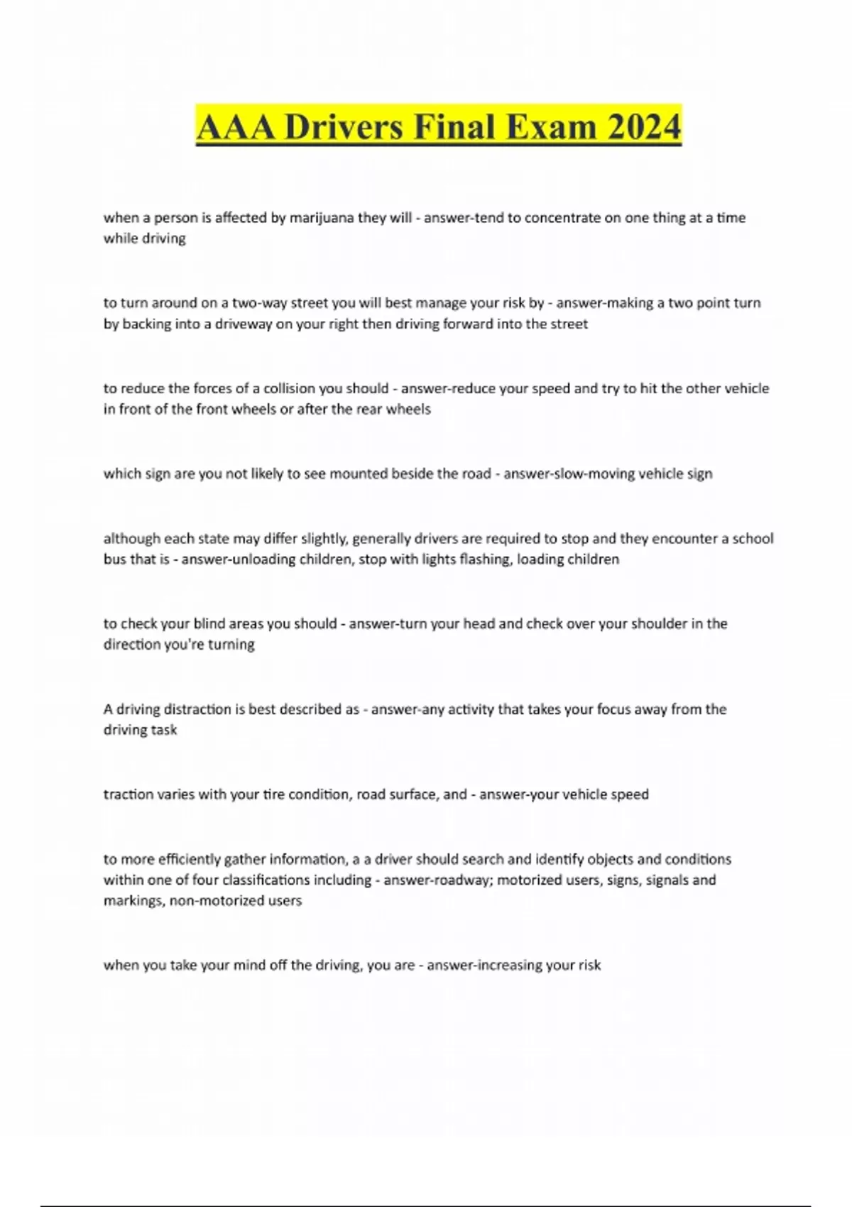AAA Drivers Final Exam 2024 - AAA - Stuvia US