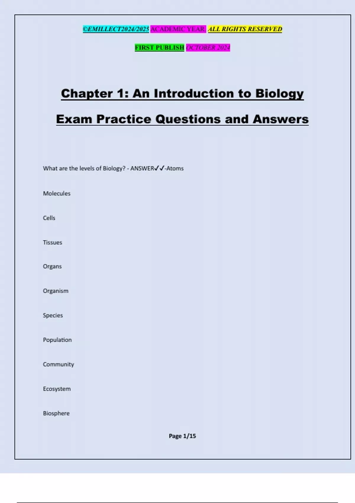Chapter 1: An Introduction to Biology Exam Practice Questions and ...