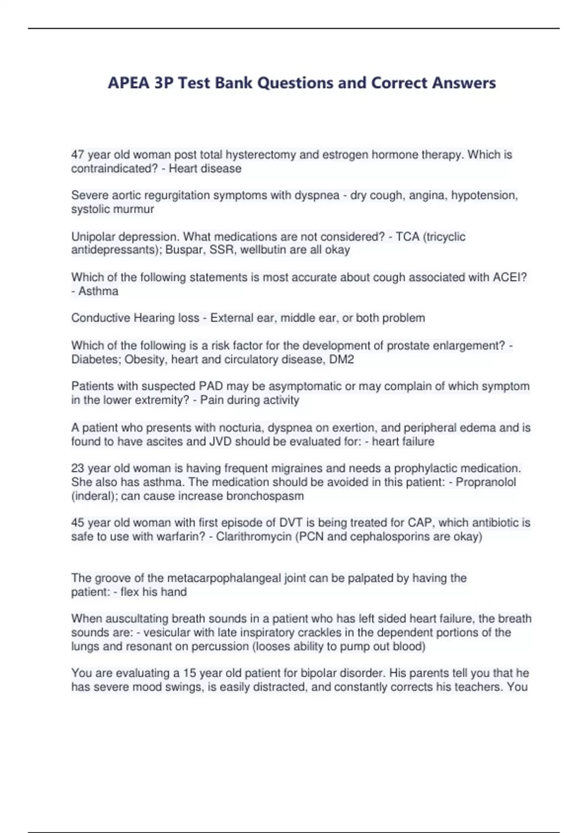 APEA 3P Test Bank Questions and Correct Answers - APEA 3P - Stuvia US