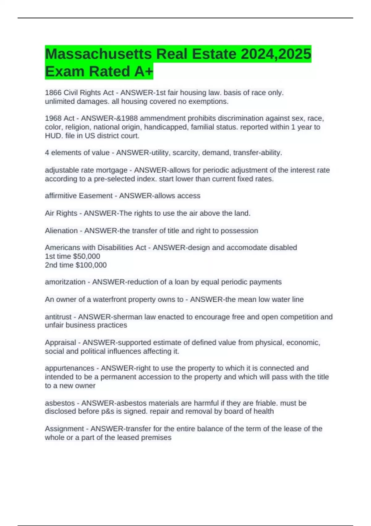 Massachusetts Real Estate 2024,2025 Exam Rated A+ - Massachusetts Real ...