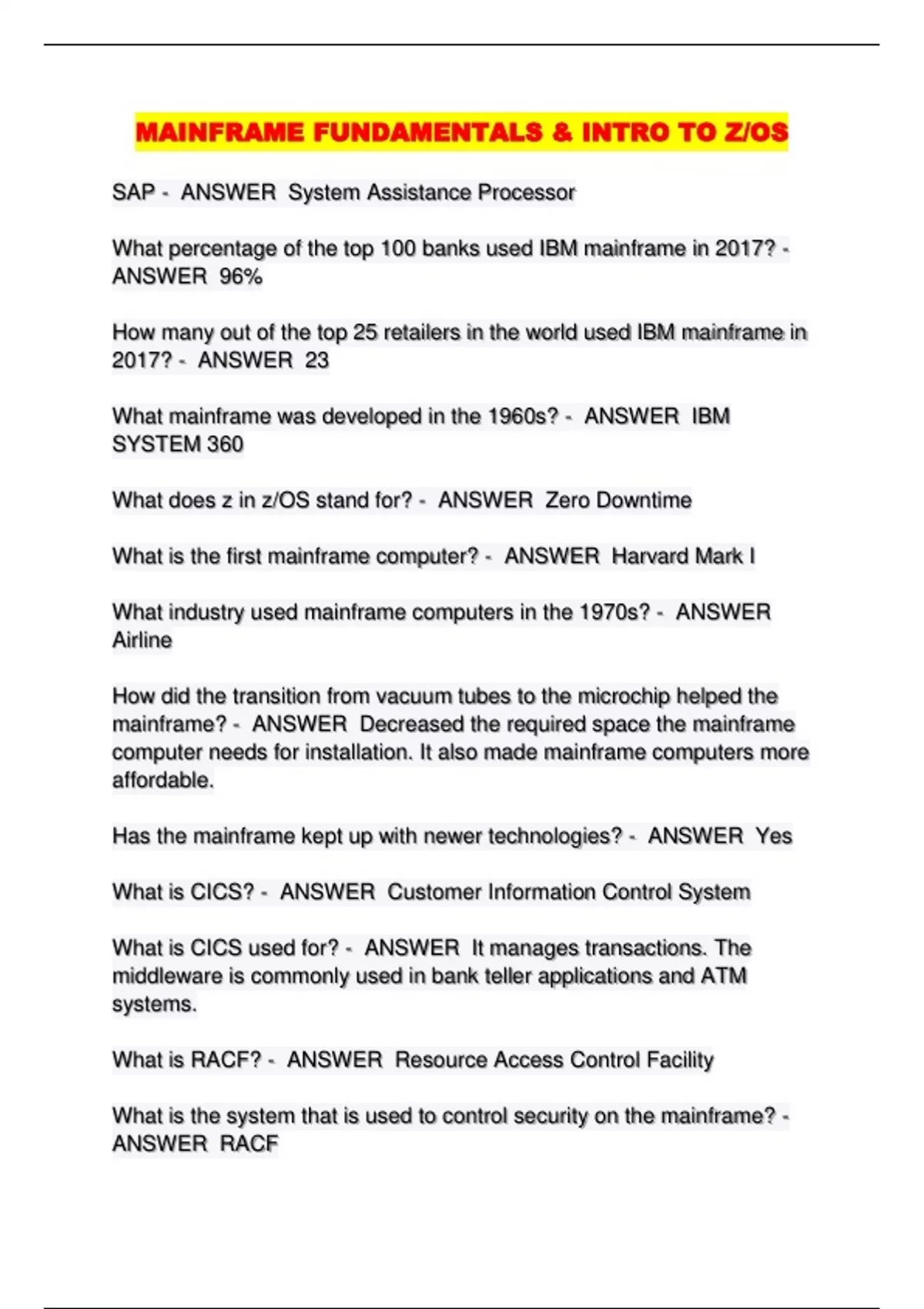 MAINFRAME FUNDAMENTALS & INTRO TO Z/OS - MAINFRAME FUNDAMENTALS & INTRO TO Z/OS - Stuvia SA
