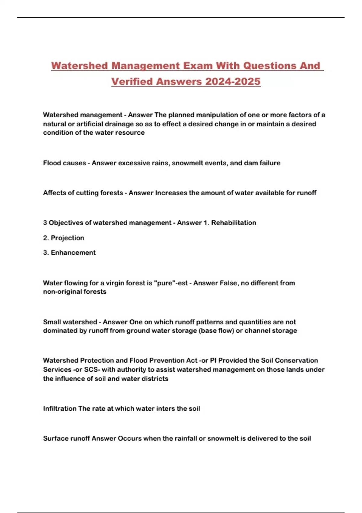 Watershed Management Exam With Questions And Verified Answers ...
