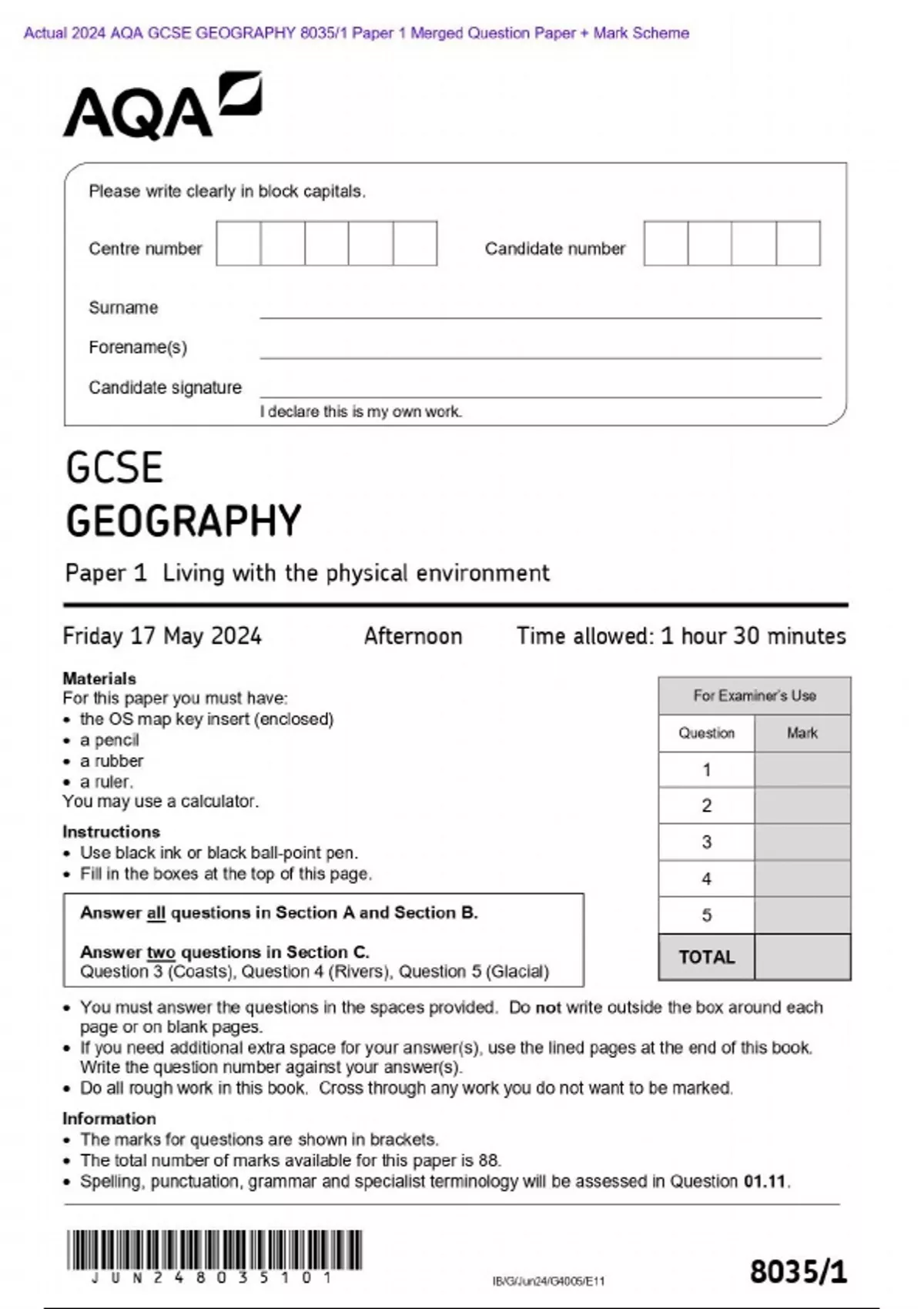 Actual 2024 AQA GCSE GEOGRAPHY 8035/2 Paper 2 Merged Question Paper + Mark Scheme Actual 2024 ...
