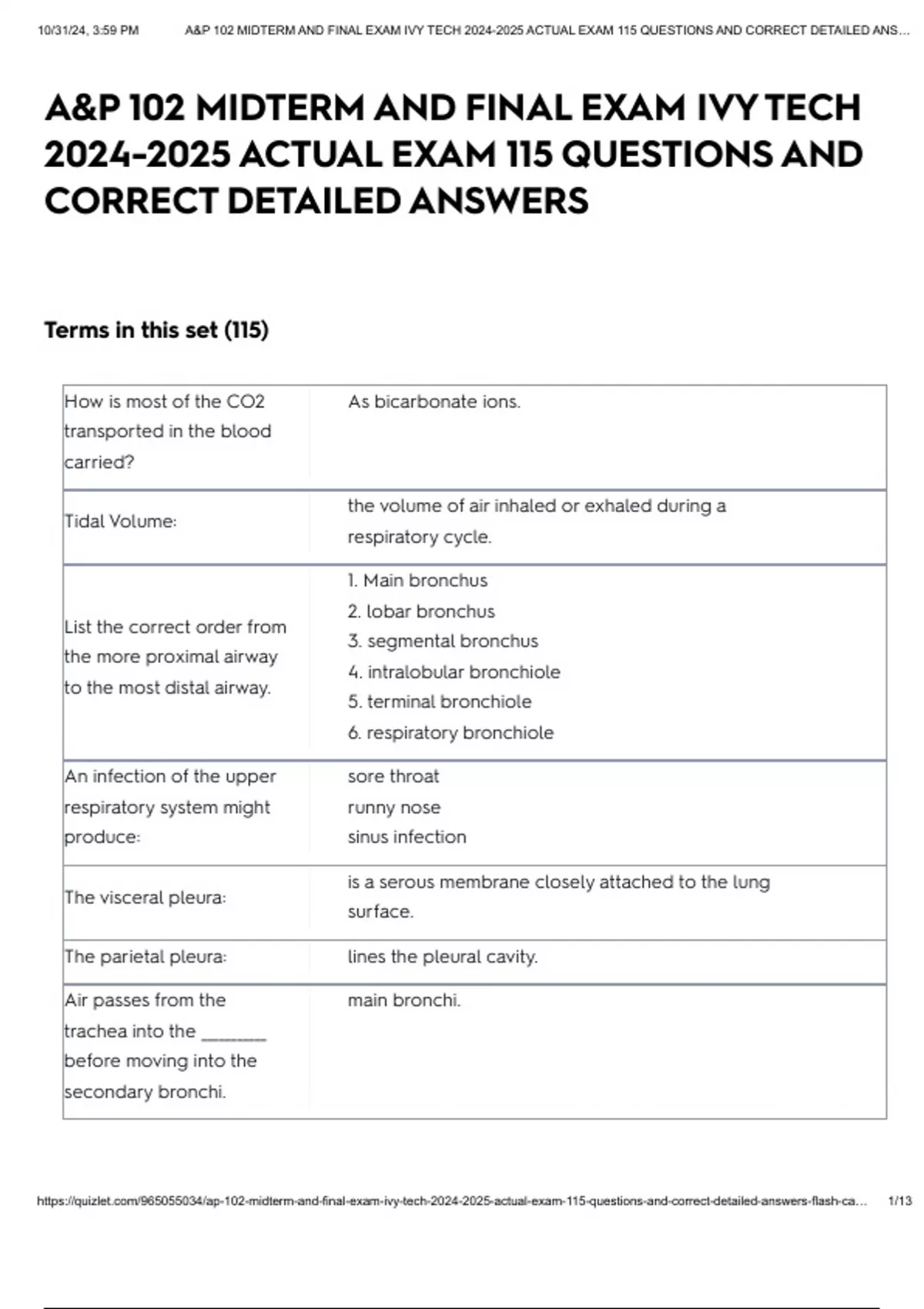 A&P 102 MIDTERM AND FINAL EXAM IVY TECH ACTUAL EXAM 115 QUESTIONS AND CORRECT DETAILED ANSWERS ...