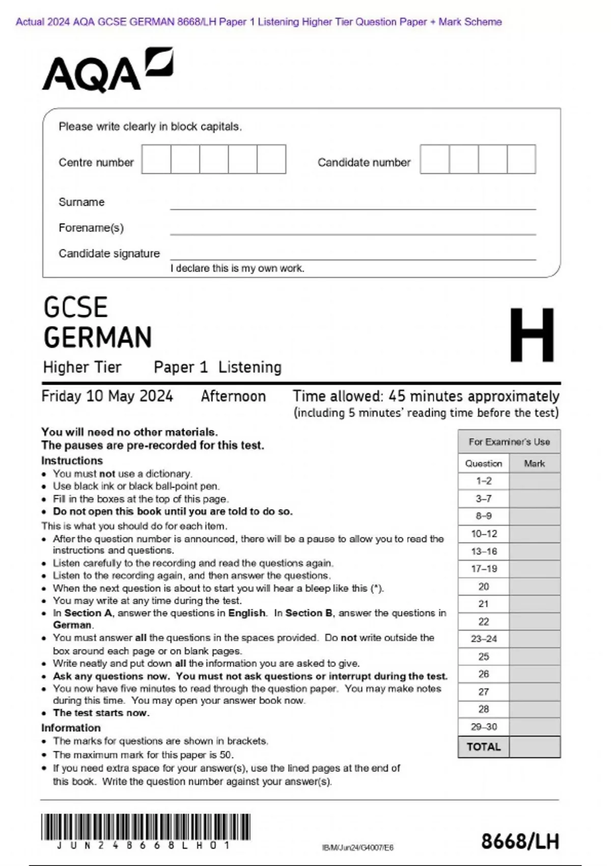 Actual 2024 AQA GCSE GERMAN 8668/LH Paper 1 Listening Higher Tier ...