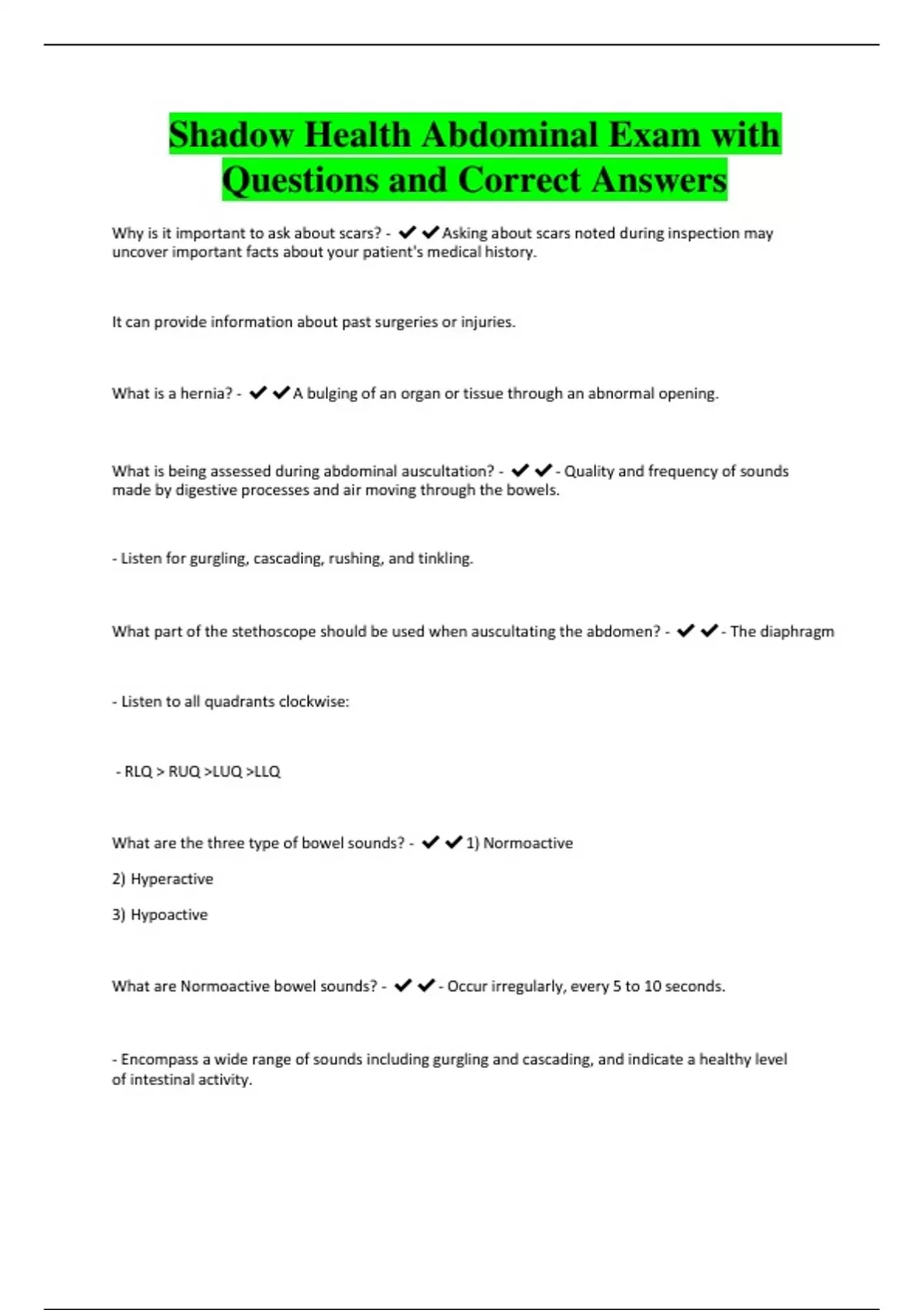 Shadow Health Abdominal Exam with Questions and Correct Answers ...