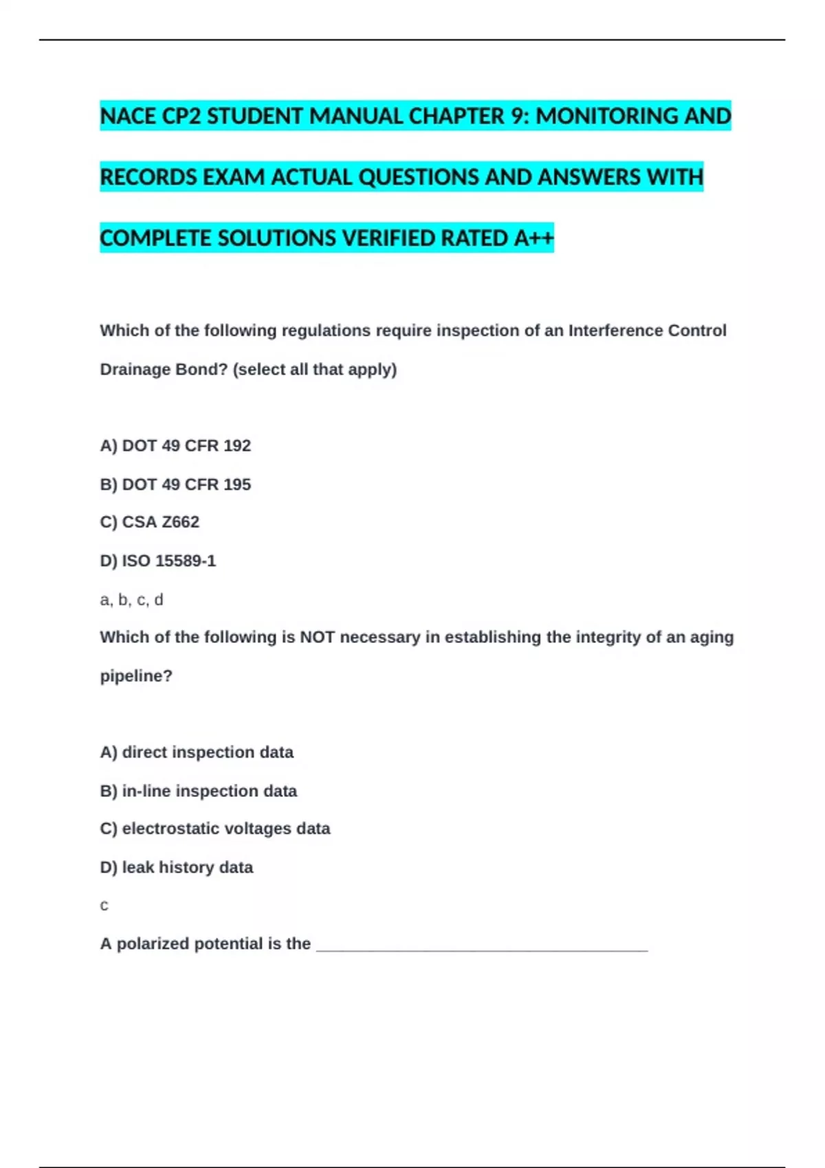 NACE CP2 STUDENT MANUAL CHAPTER 9: MONITORING AND RECORDS EXAM ACTUAL ...
