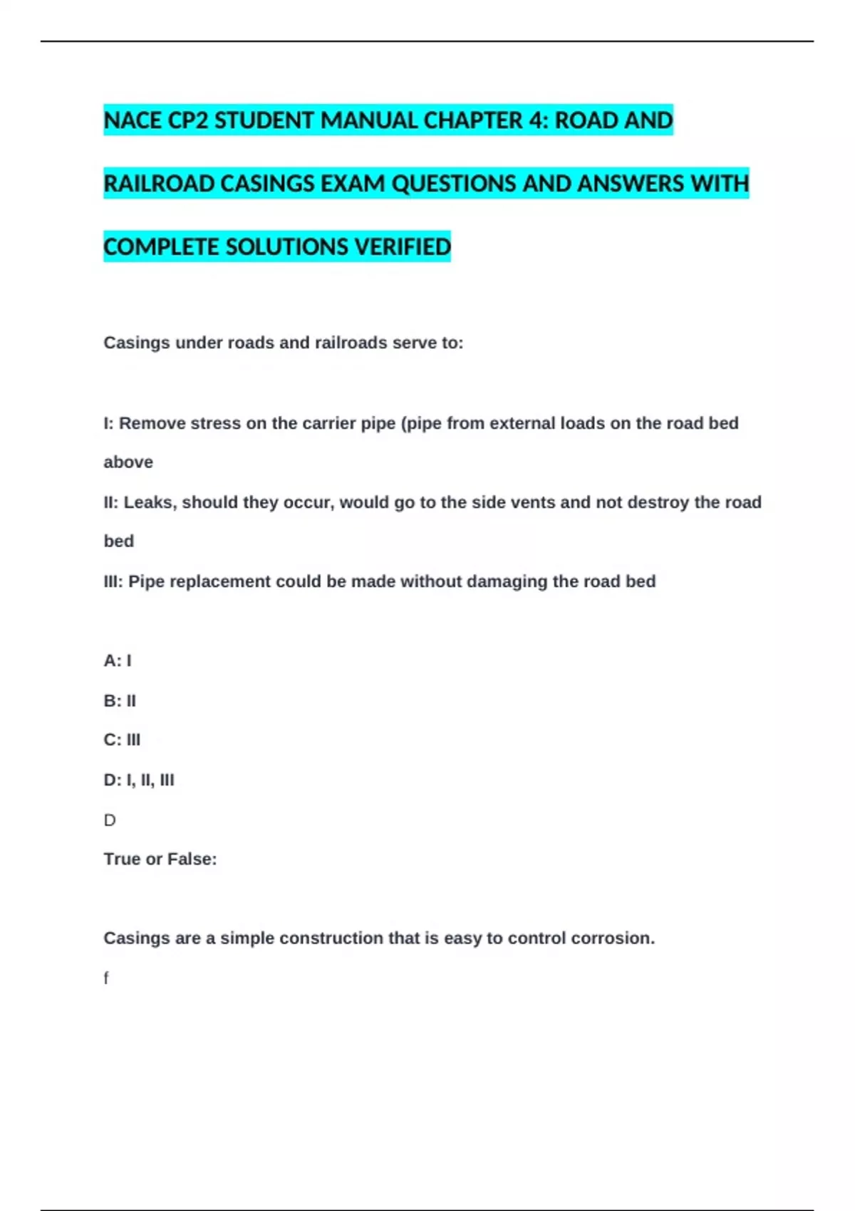 NACE CP2 STUDENT MANUAL CHAPTER 4: ROAD AND RAILROAD CASINGS EXAM ...