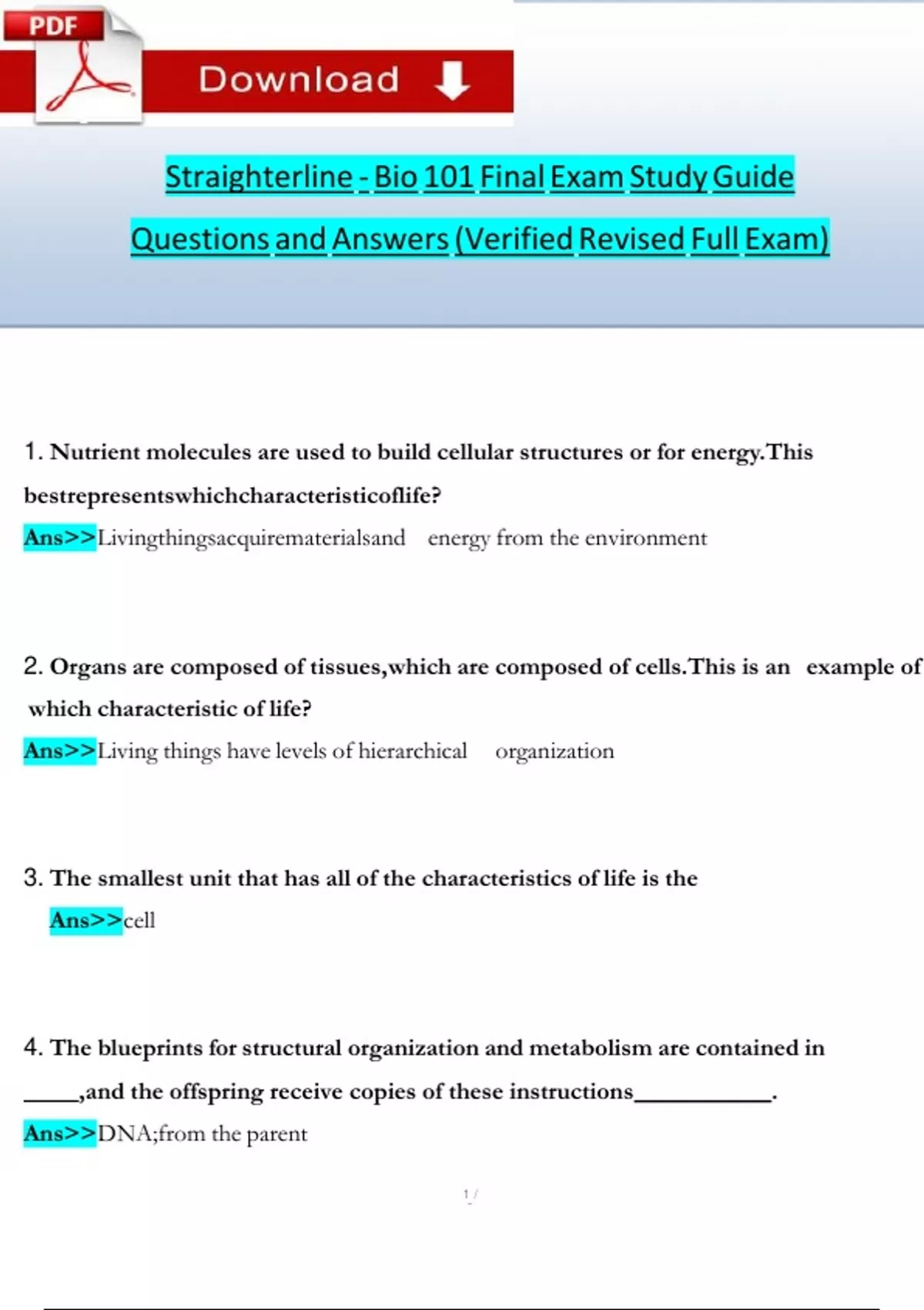 Straighterline - Bio 101 Final Exam Study Guide Questions and Answers ...