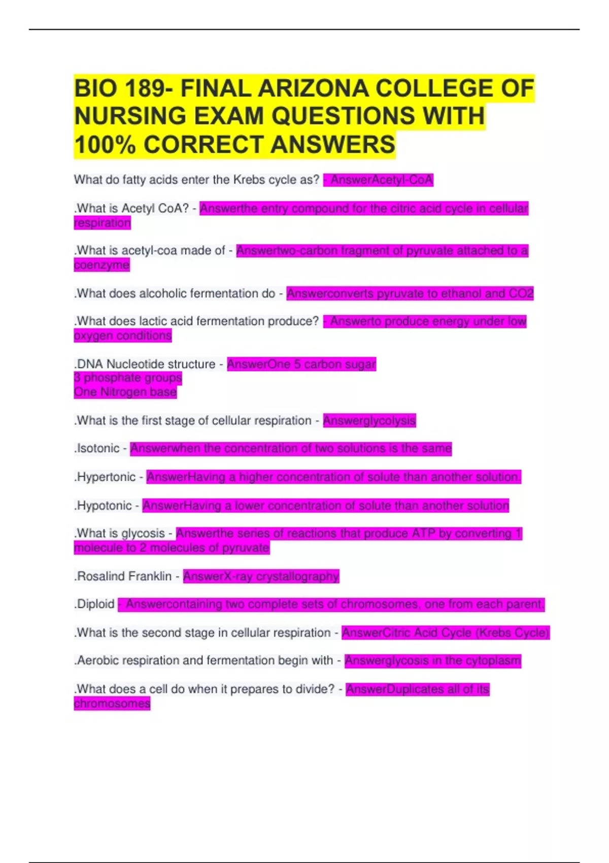 BIO 189- FINAL ARIZONA COLLEGE OF NURSING EXAM QUESTIONS WITH 100% ...