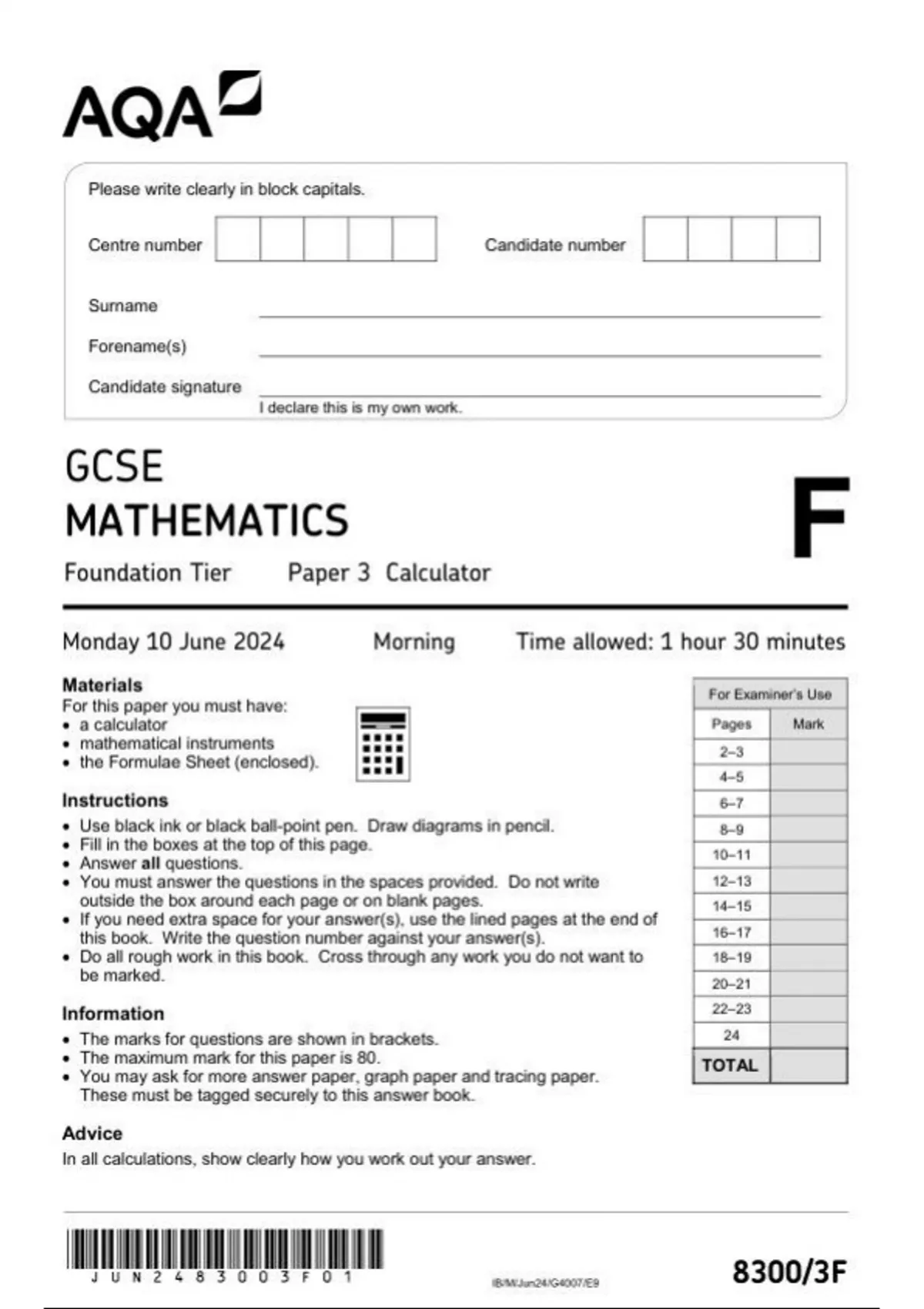 AQA GCSE MATHEMATICS Foundation Tier Paper 3 Calculator question paper ...