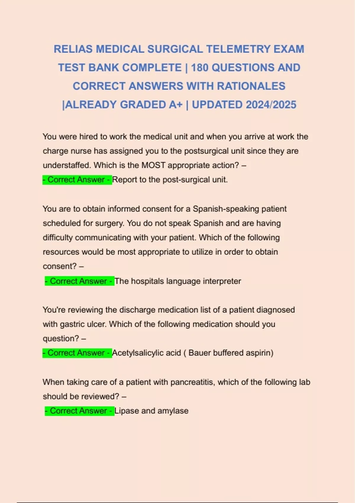 RELIAS MEDICAL SURGICAL TELEMETRY EXAM TEST BANK COMPLETE | 180 ...