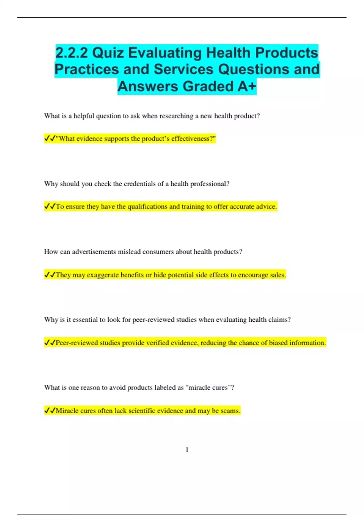 2.2.2 Quiz Evaluating Health Products Practices and Services Questions ...