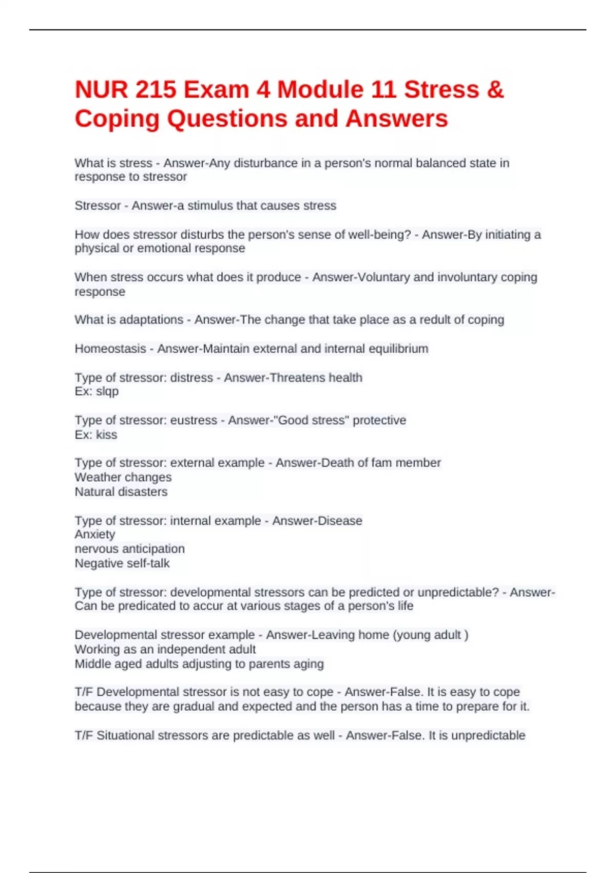 NUR 215 Exam 4 Module 11 Stress & Coping Questions and Answers - NUR215 ...